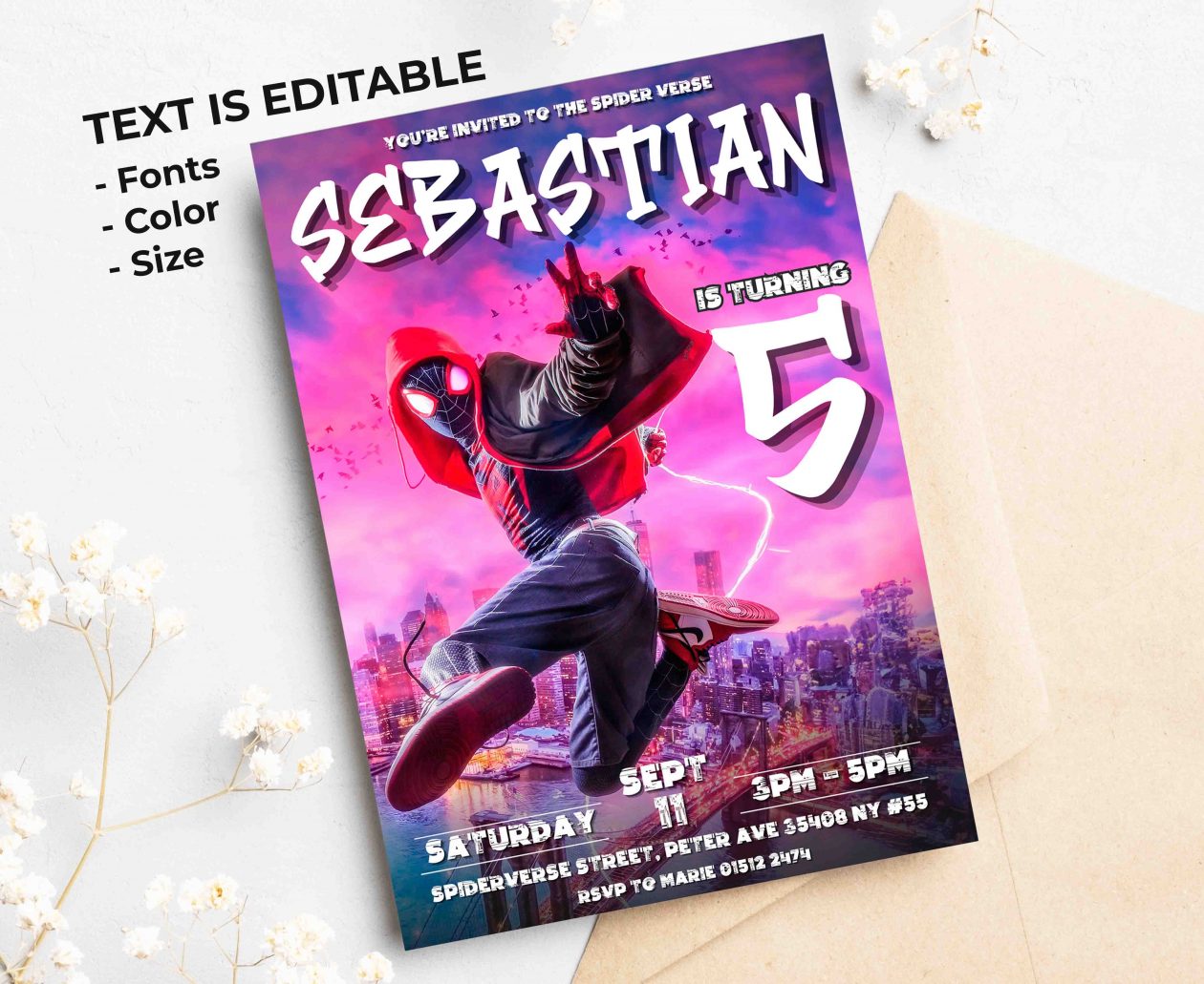 Spiderman Spiderverse Editable Invitation Template – Sweet Moments Template