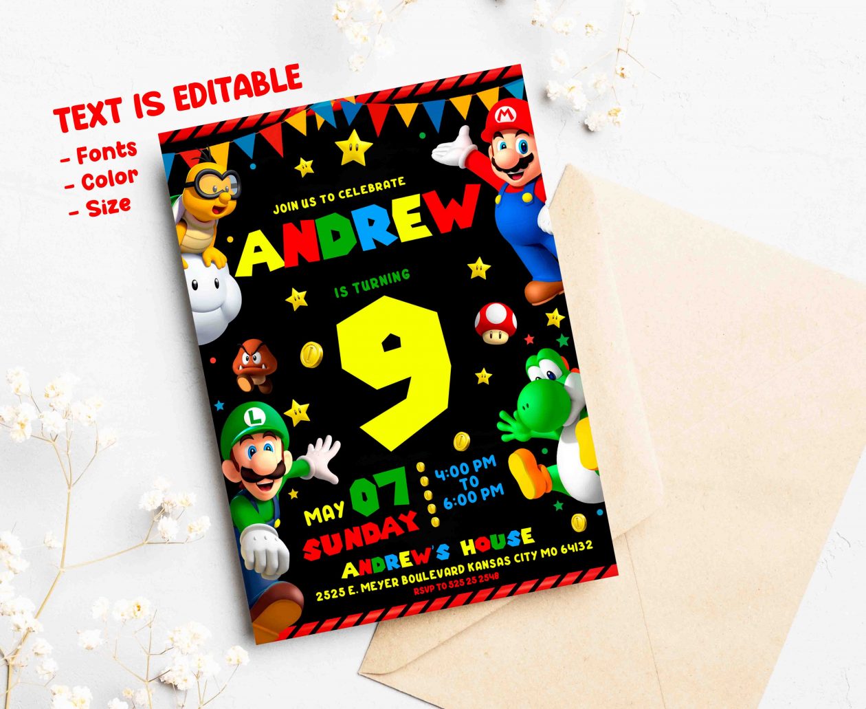 Super Mario Editable Invitation Template – Sweet Moments Template