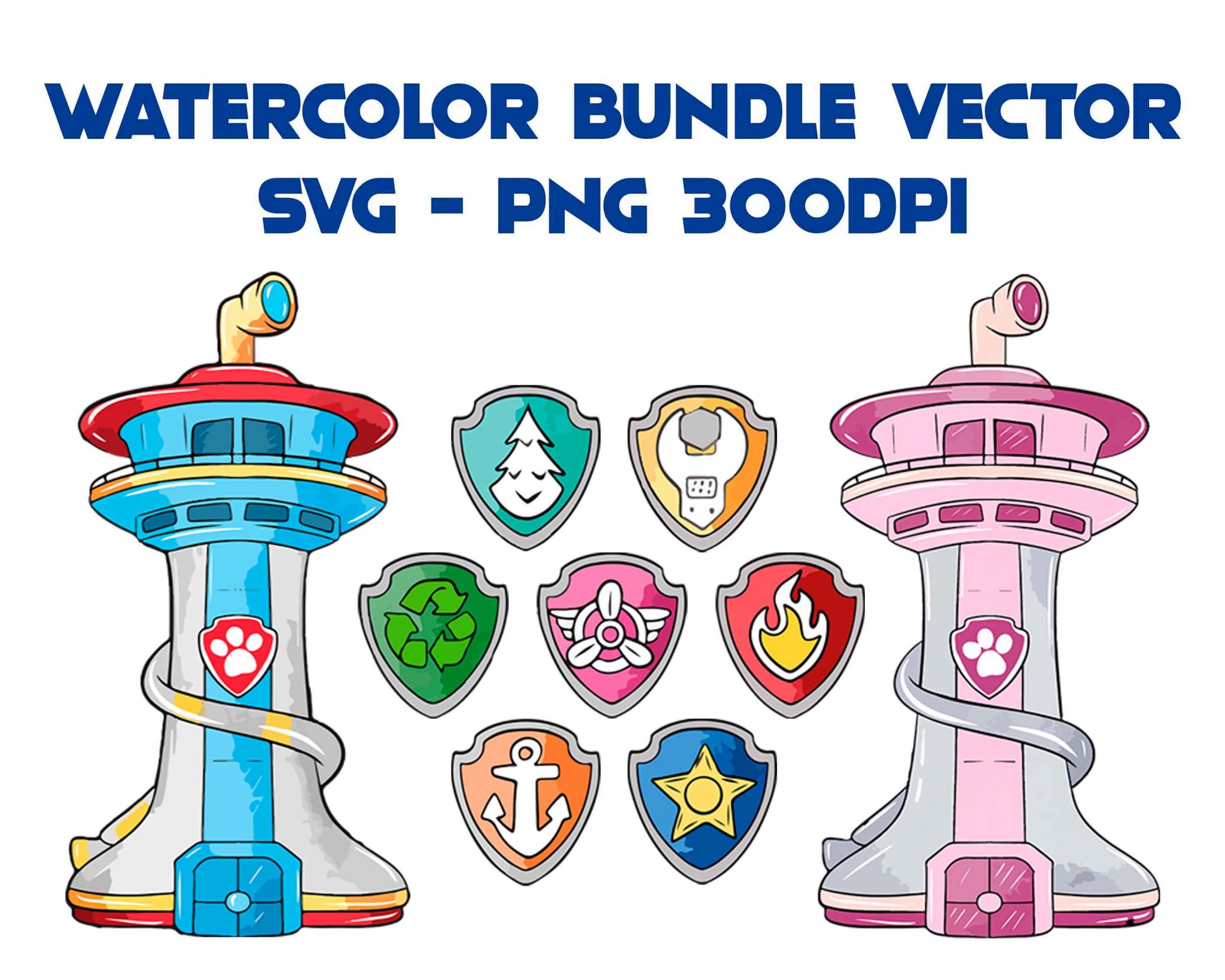 Ultimate Watercolor Patrol Tower, Shields Vector Pack – Sweet Moments ...