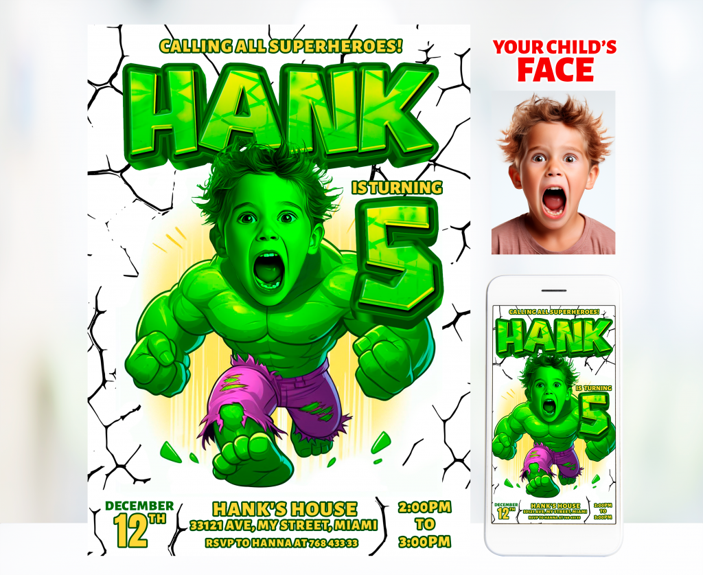 Hulk Birthday Invitation with photo, custom photo – Sweet Moments Template
